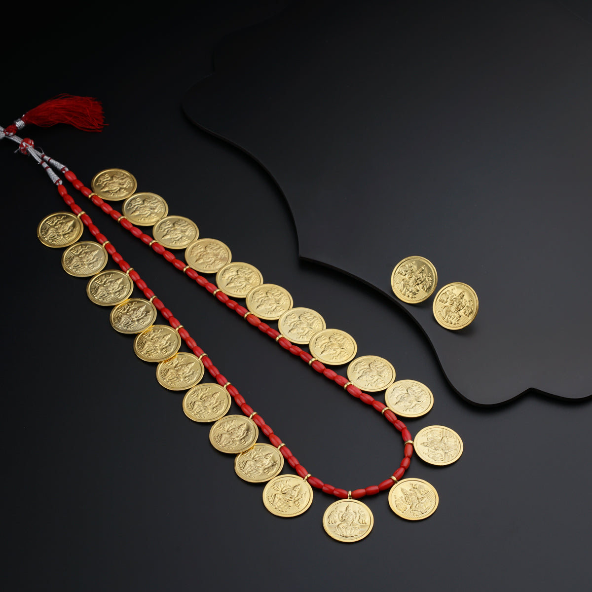 Coral Putali Haar Set: 92.5 Silver Coin Necklace - House of Aadyaa