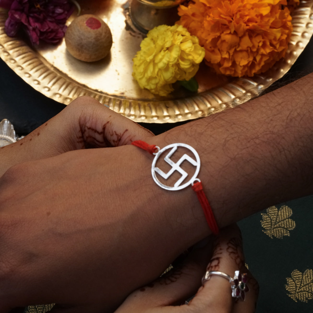 Silver Laser cut Swastik Rakhi: Big