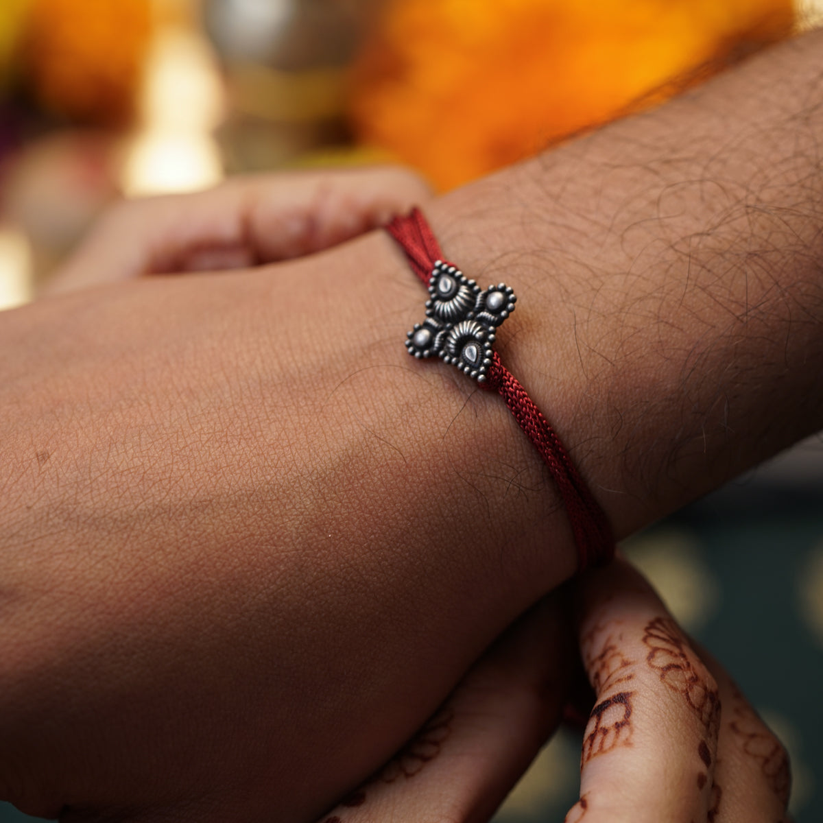 Handcrafted Silver Rakhi/Pendant: Chandrakor & Drop Motif | House of Aadyaa