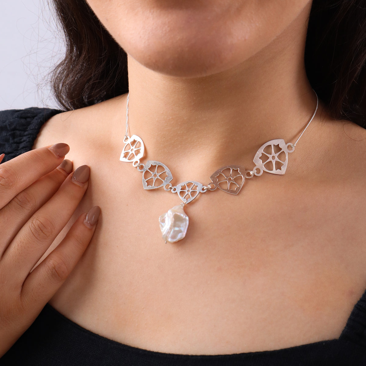 Silver Laser Filigree Pearl Drop Necklace