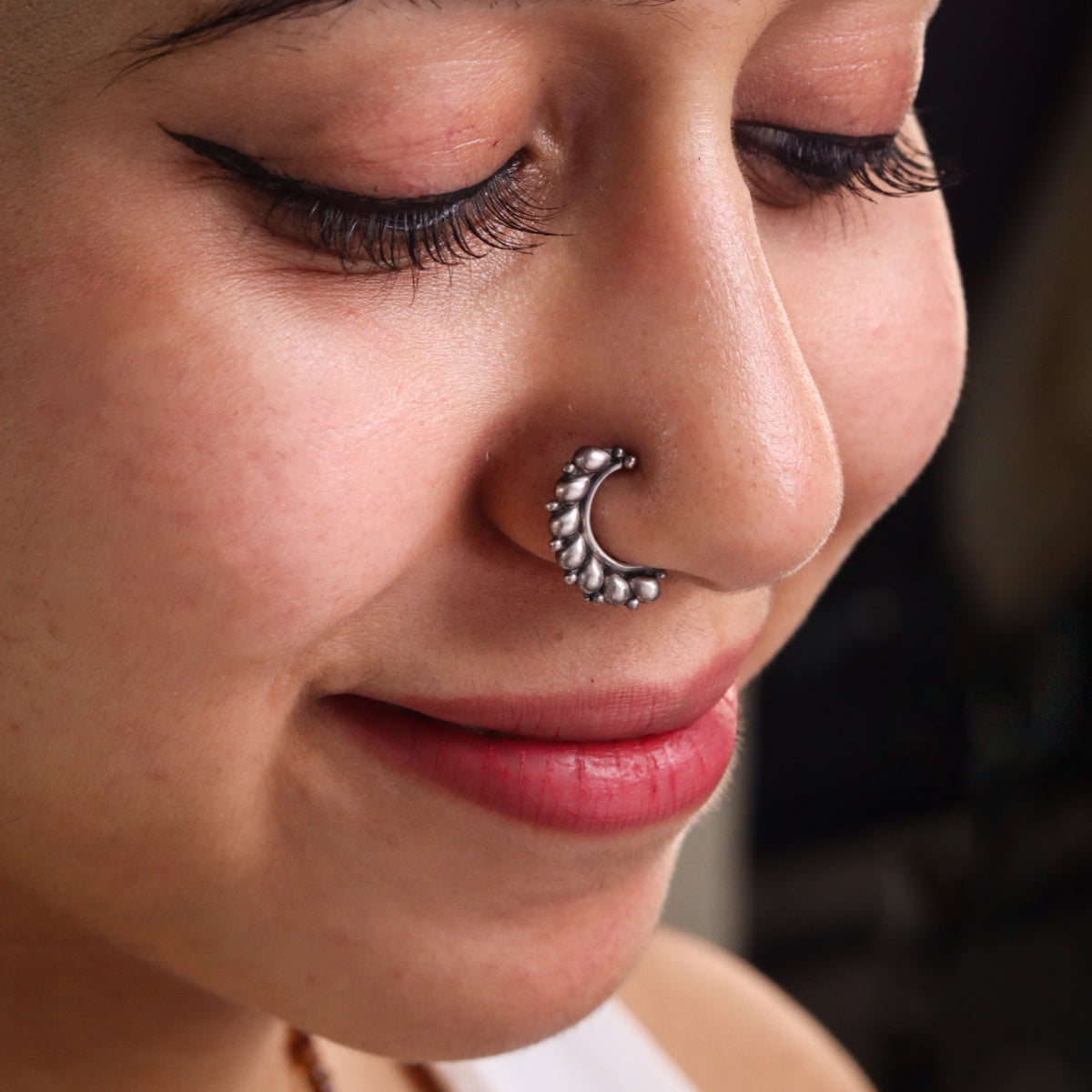 Silver Drop Motif Nath | 92.5 Sterling Silver Nose Ring - House of Aadyaa