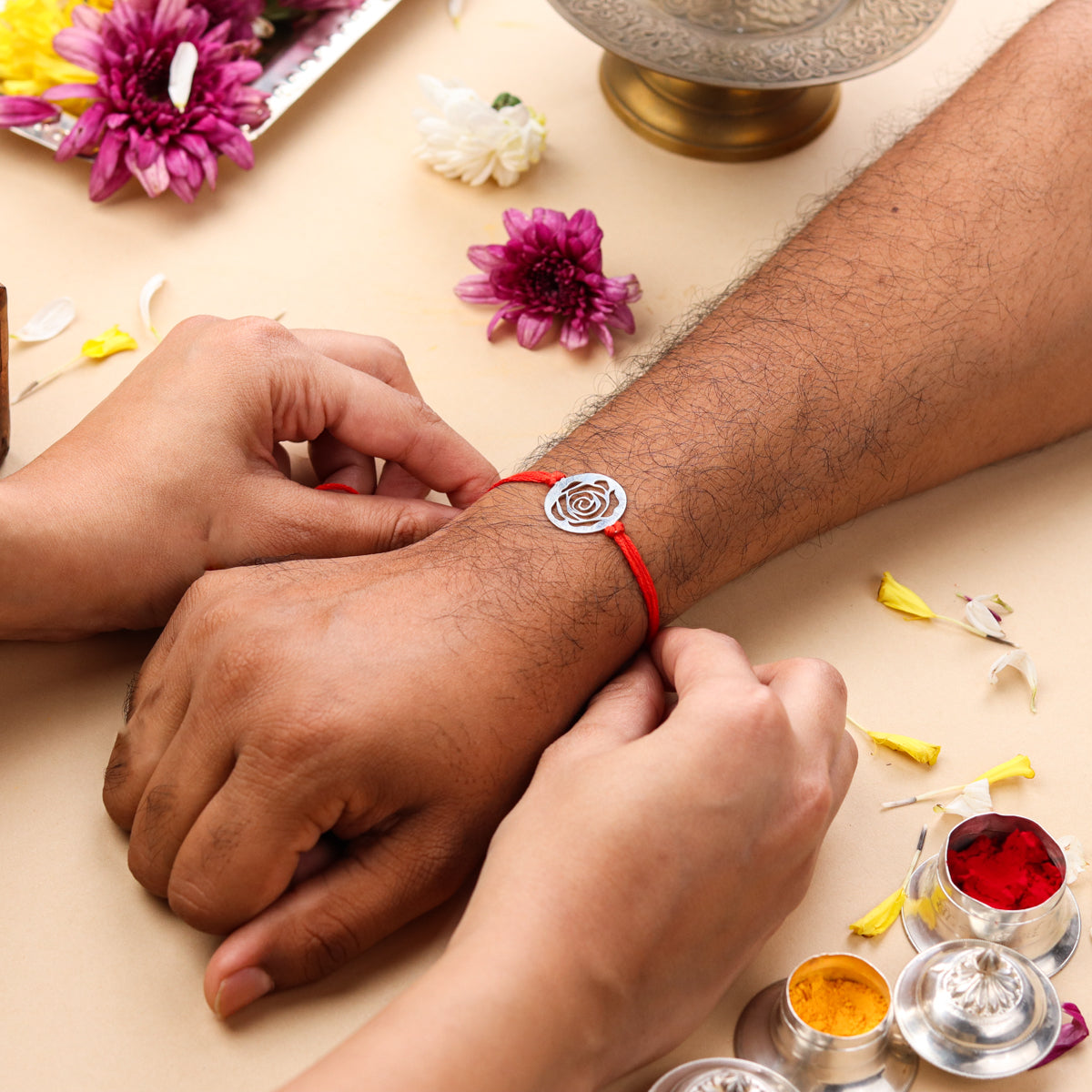 Silver Rose Rakhi | 92.5 Silver Laser Cut Floral Rakhi for Bhai