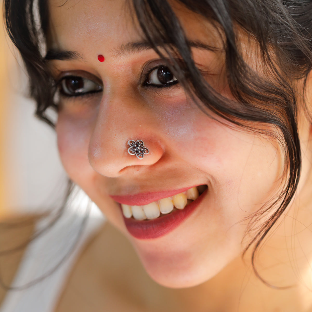 Gopadma Flower Silver Nose Pin for Pierced Nose | House of Aadyaa