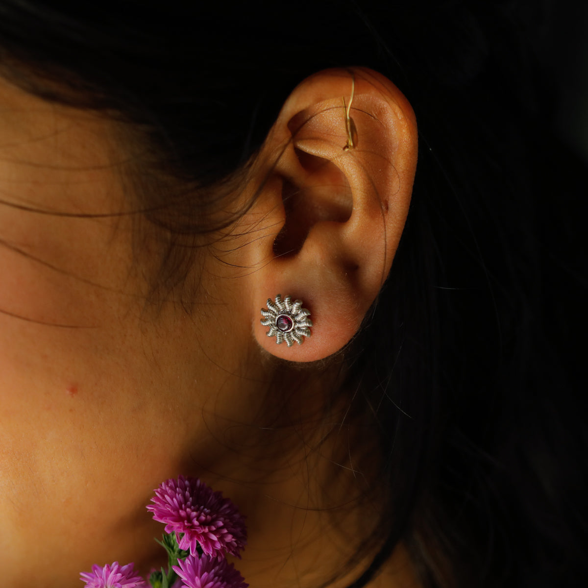 Small Sun with Pink Stone | Handcrafted 92.5% Sterling Silver