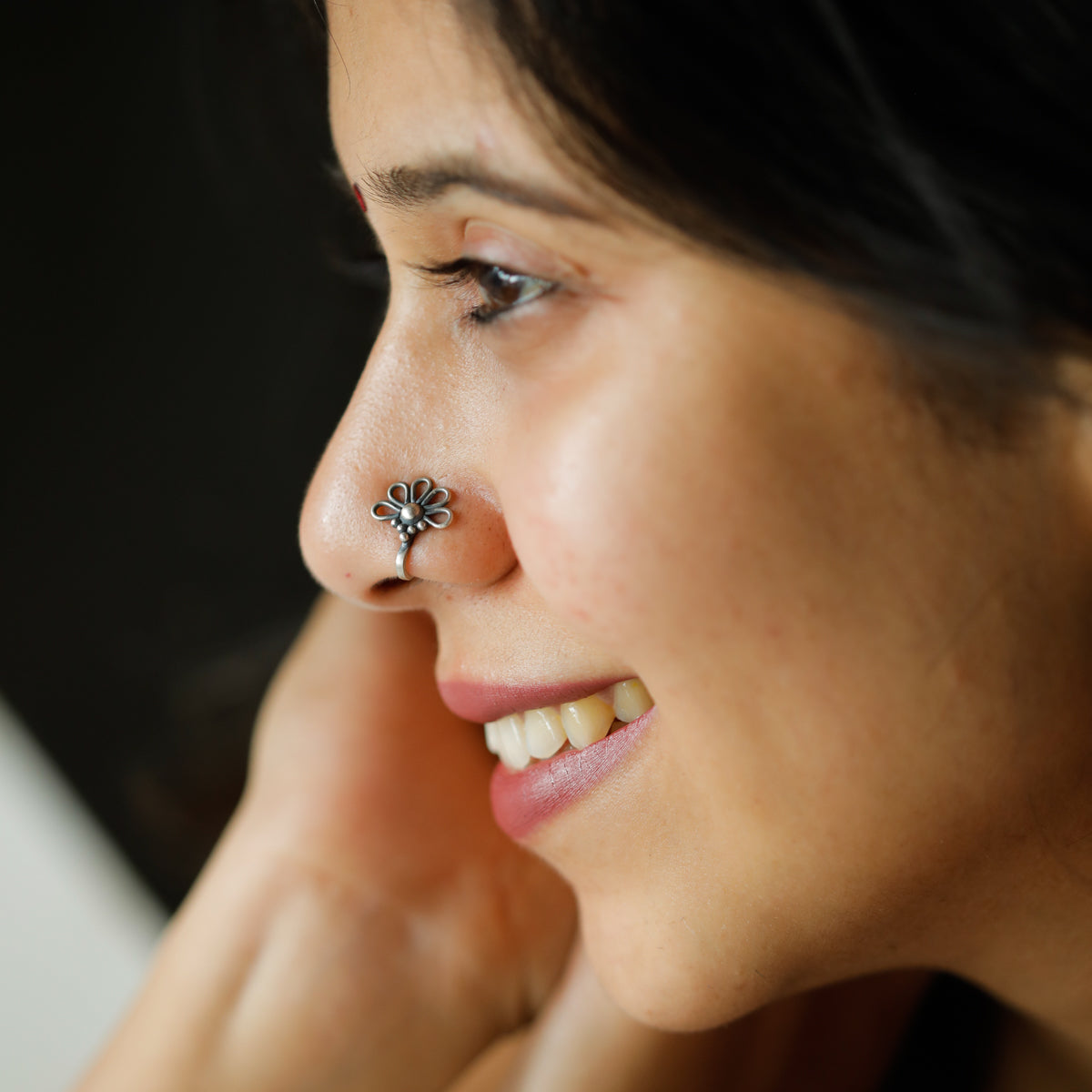 Handmade Silver Flower Nose Pin (Clip-On) | 92.5% Silver