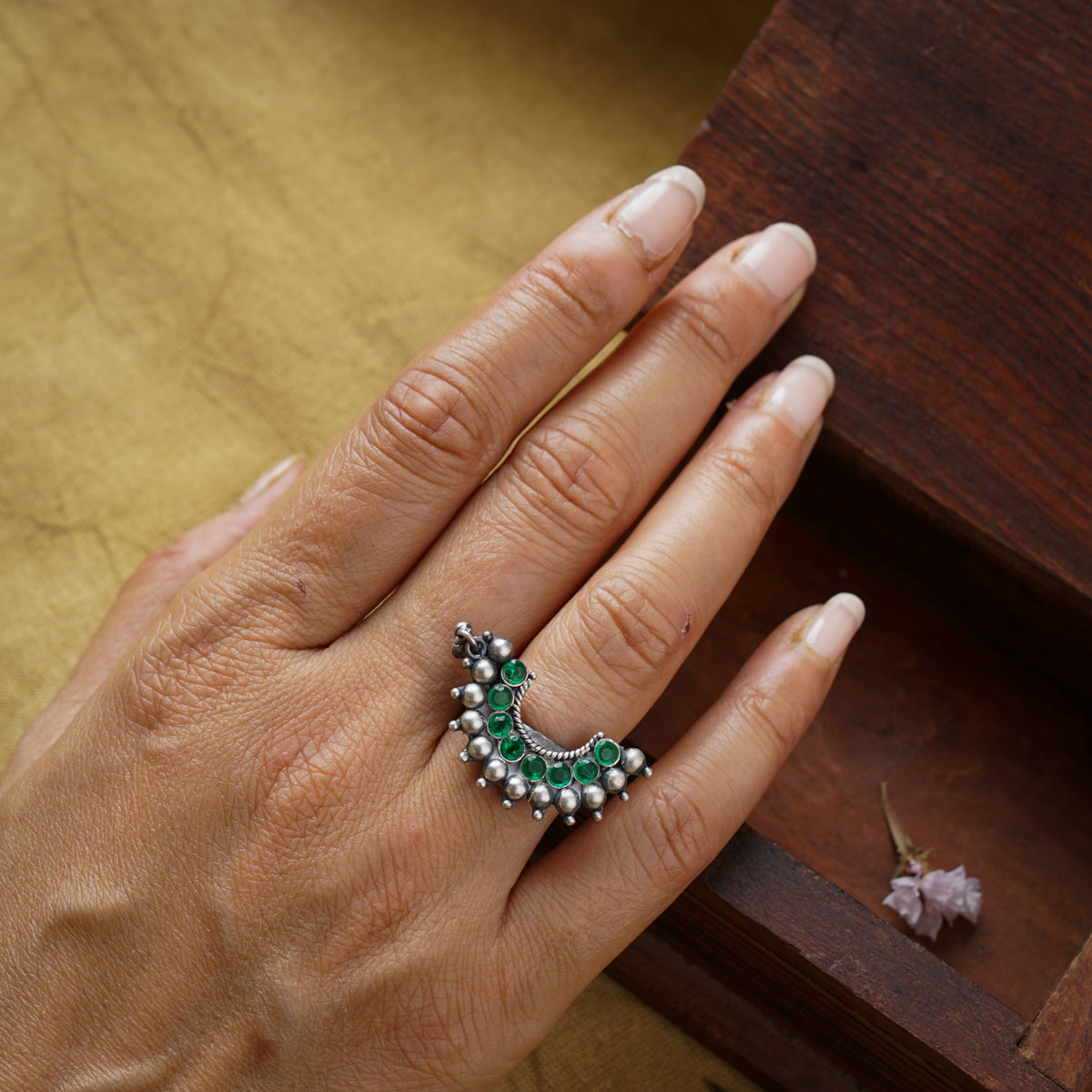 Karwar Ring-Green - 92.5 Sterling Silver Jewellery | House of Aadyaa